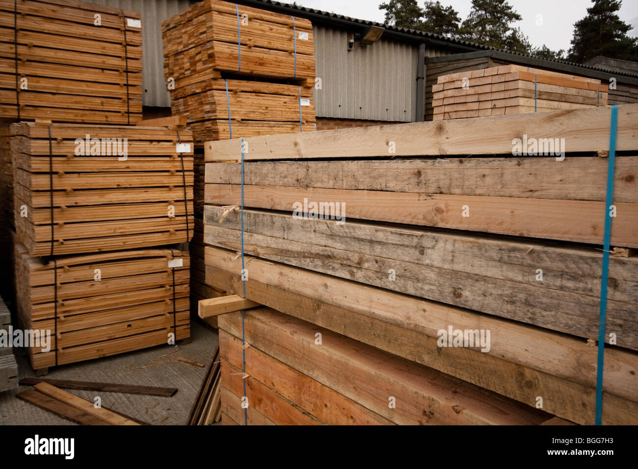 Modern treated wooden fencing in stacks at timber Merchants, England ...