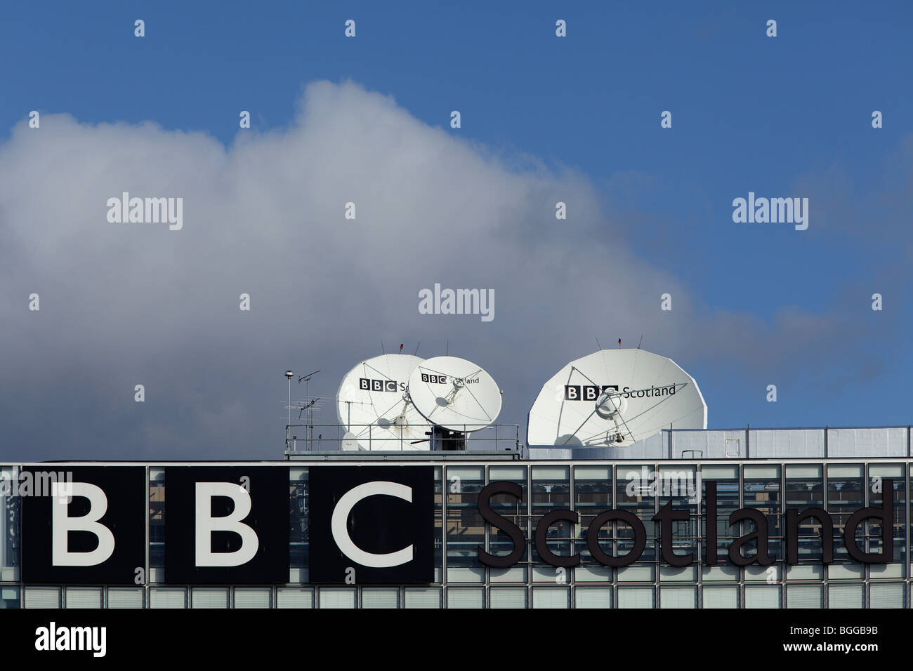 BBC Scotland sign and satellite dishes on the Pacific Quay Headquarters ...