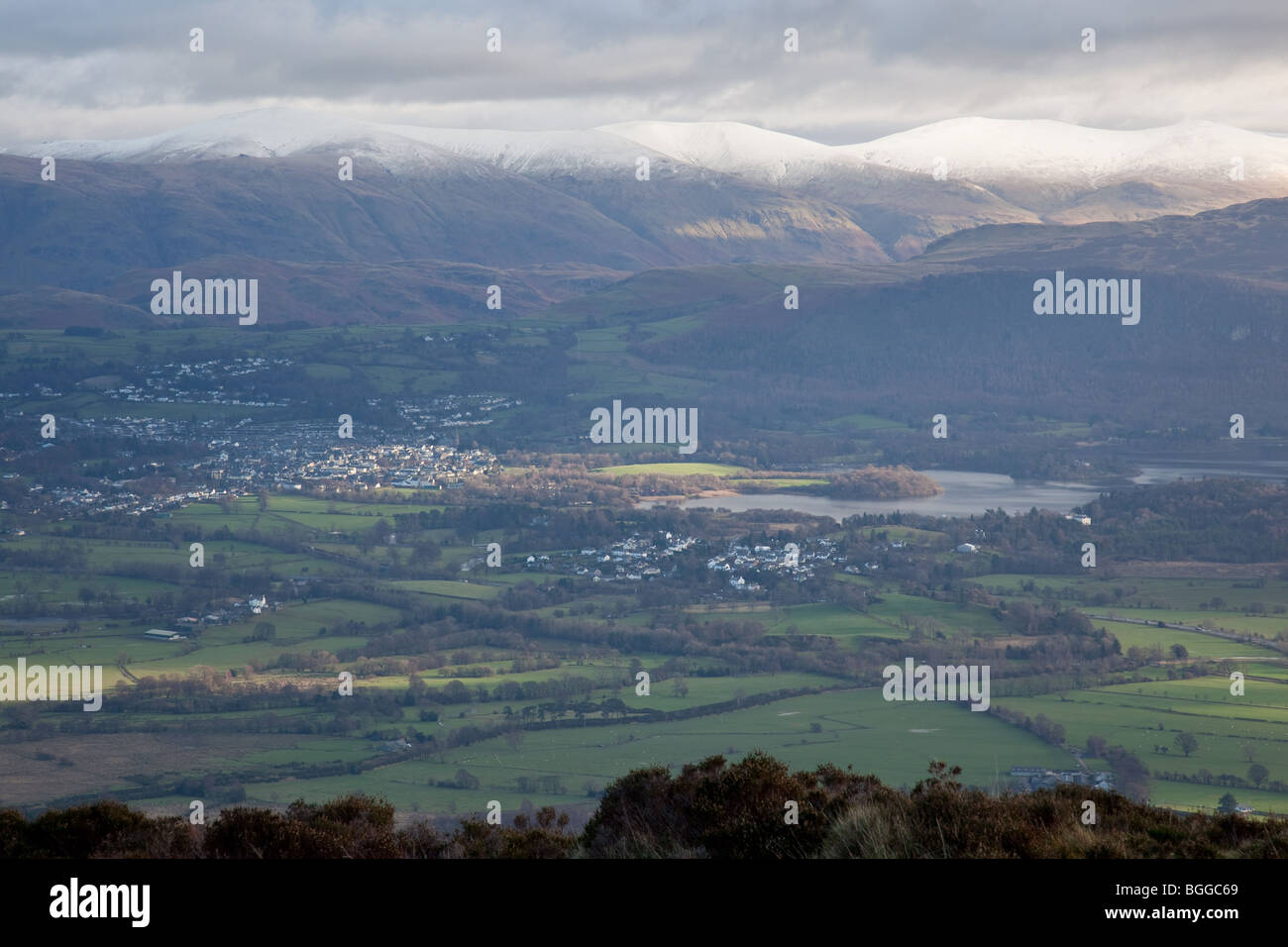Keswick and Derwent Water with snow capped Helvellyn and Stybarrow Dodd ...