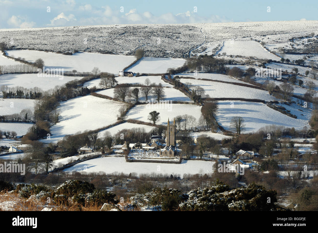 Widecombe in the Moor church and village in the snow Stock Photo - Alamy
