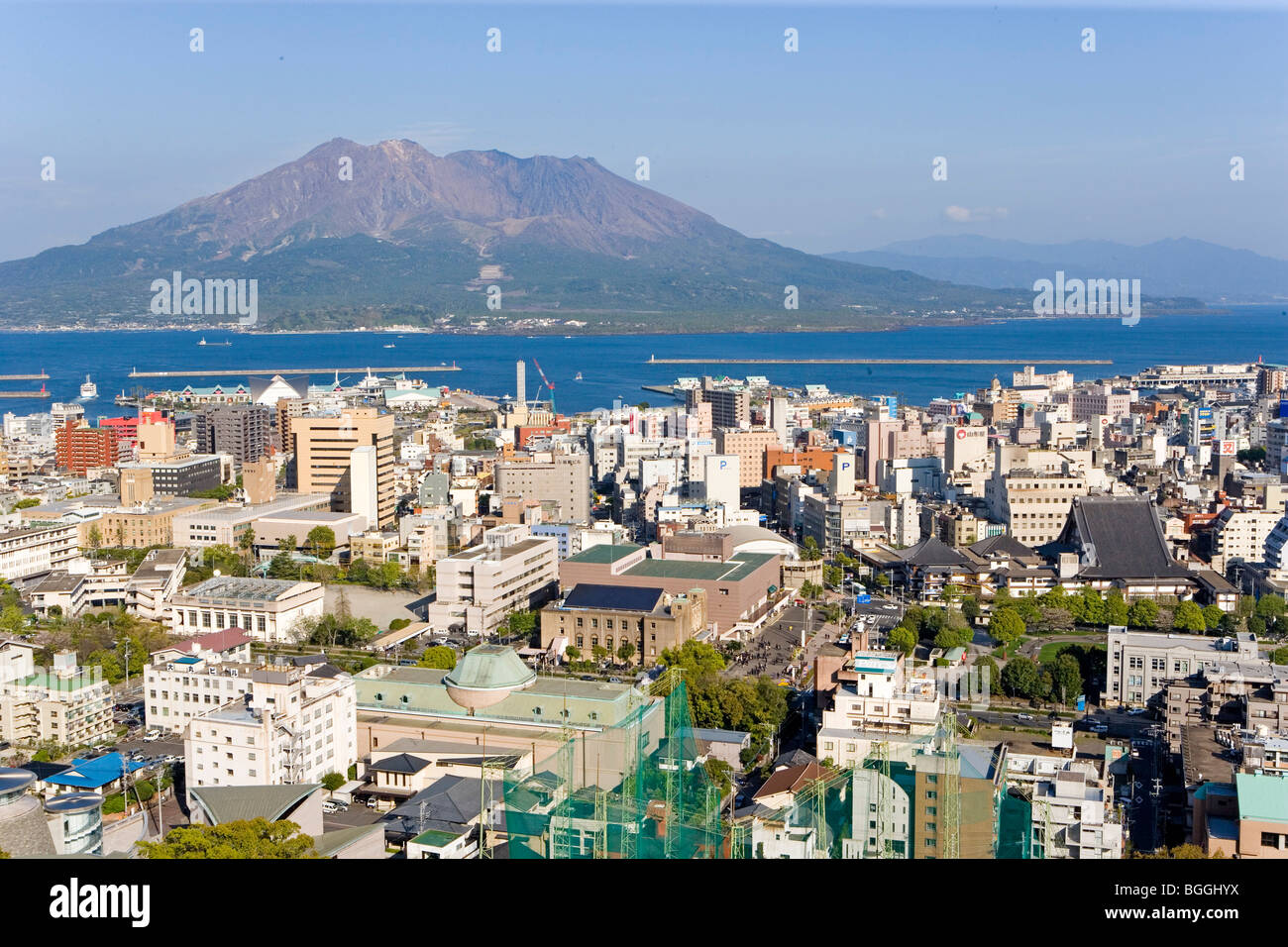 Overview on city of Kagoshima, volcano Sakurajima at back, Japan ...