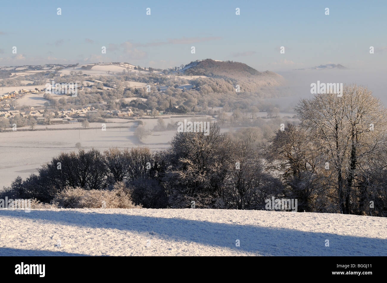 Misty snowy morning view over the Tywi Valley toward Merlins Hill Iron ...