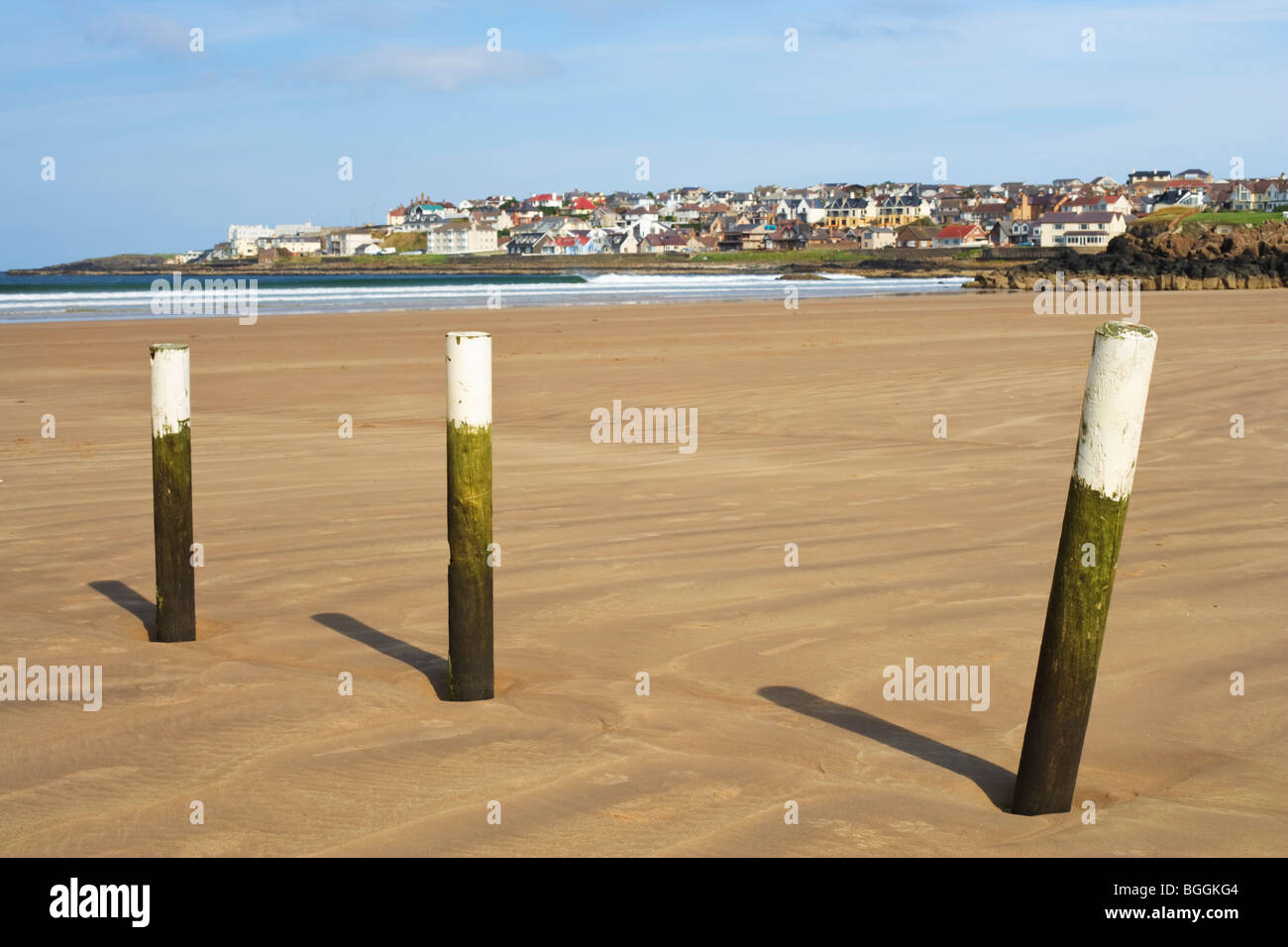 Markers on the beach at Portsteward Strand, a popular resort on the ...
