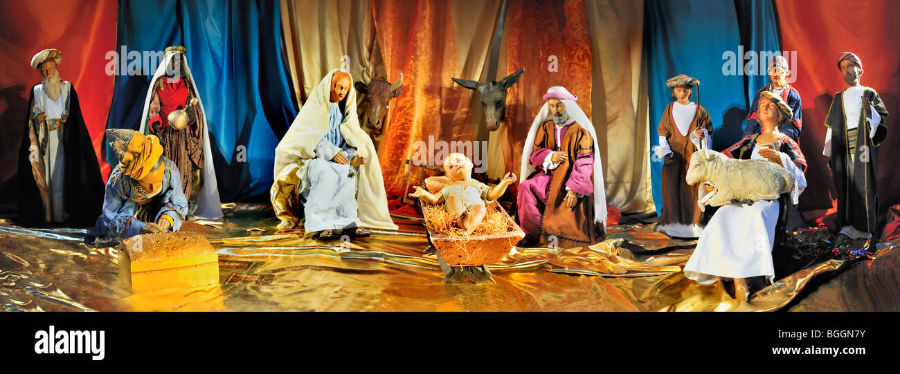 Panoramic Image, Christmas Crèche, on Display in French Catholic Church ...