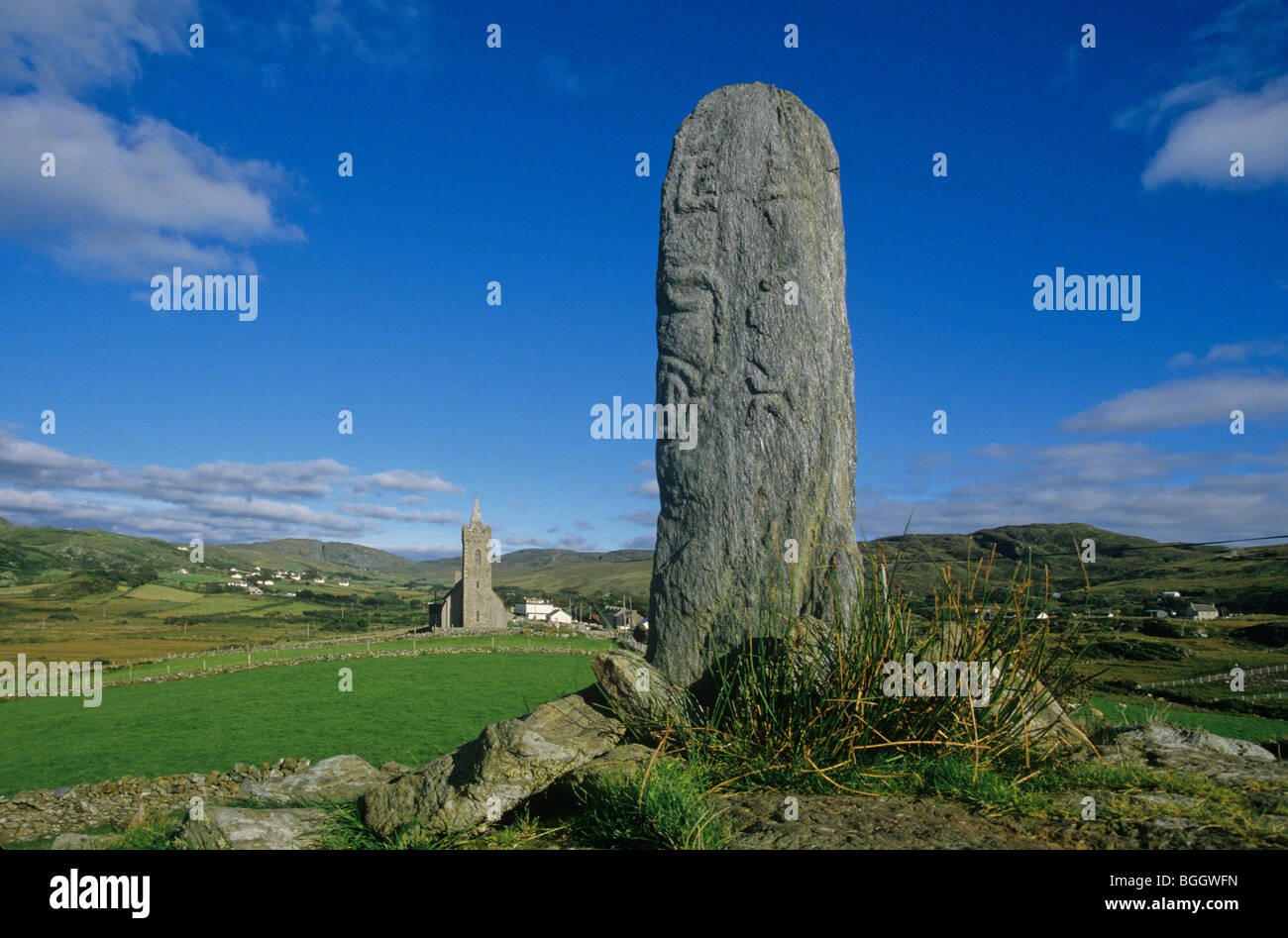 Early Christian Cross at St. Columba's in village of Glencolumbkille ...