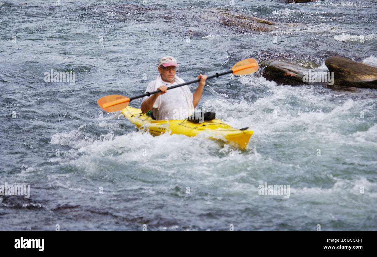 Older man running Class I-II rapids in kayak Chattahoochee river ...