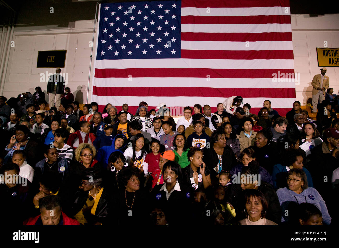 Crowd in front of American flag during Barack Obama Presidential Rally ...