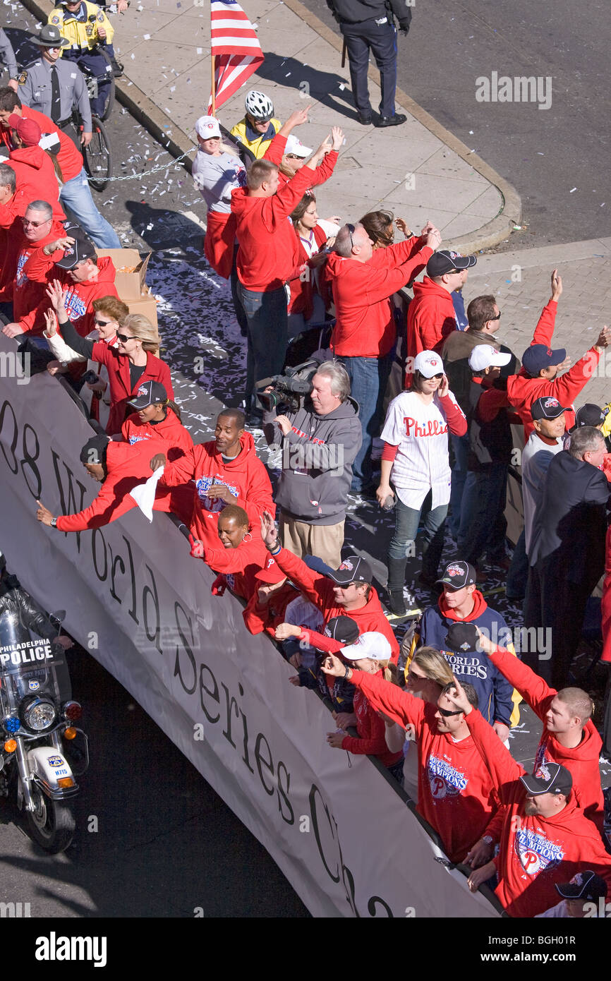 Buses filled with Philadelphia Phillies, Mayor Michael Nutter while ...