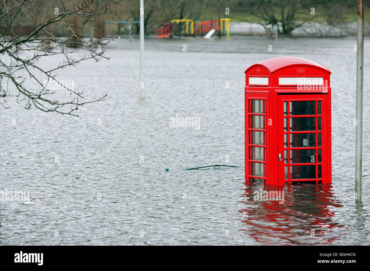 Flooding in Perthshire Scotland with flooded red telephone box Stock ...