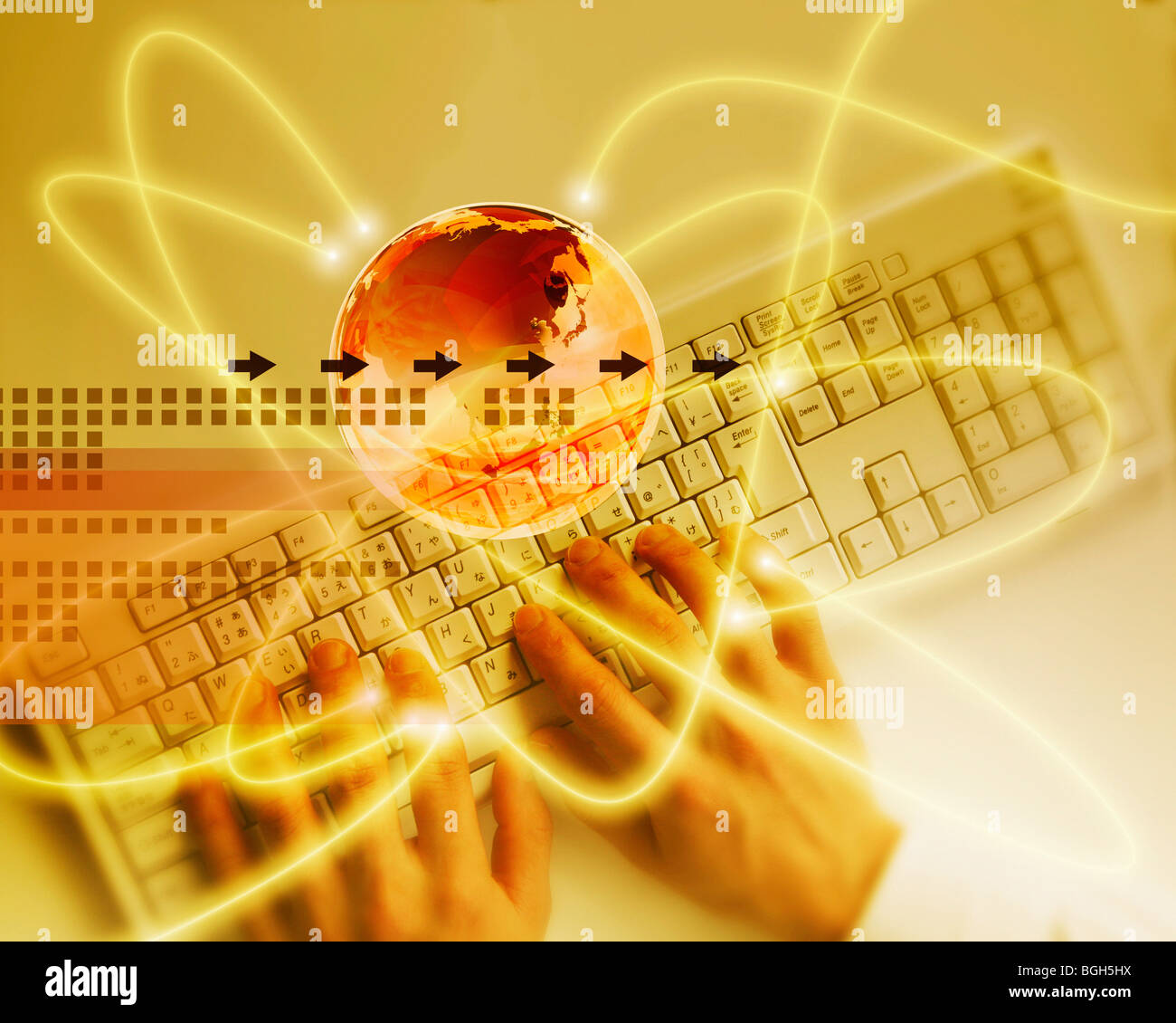 Composite of man using computer keyboard, light trails and arrows Stock ...