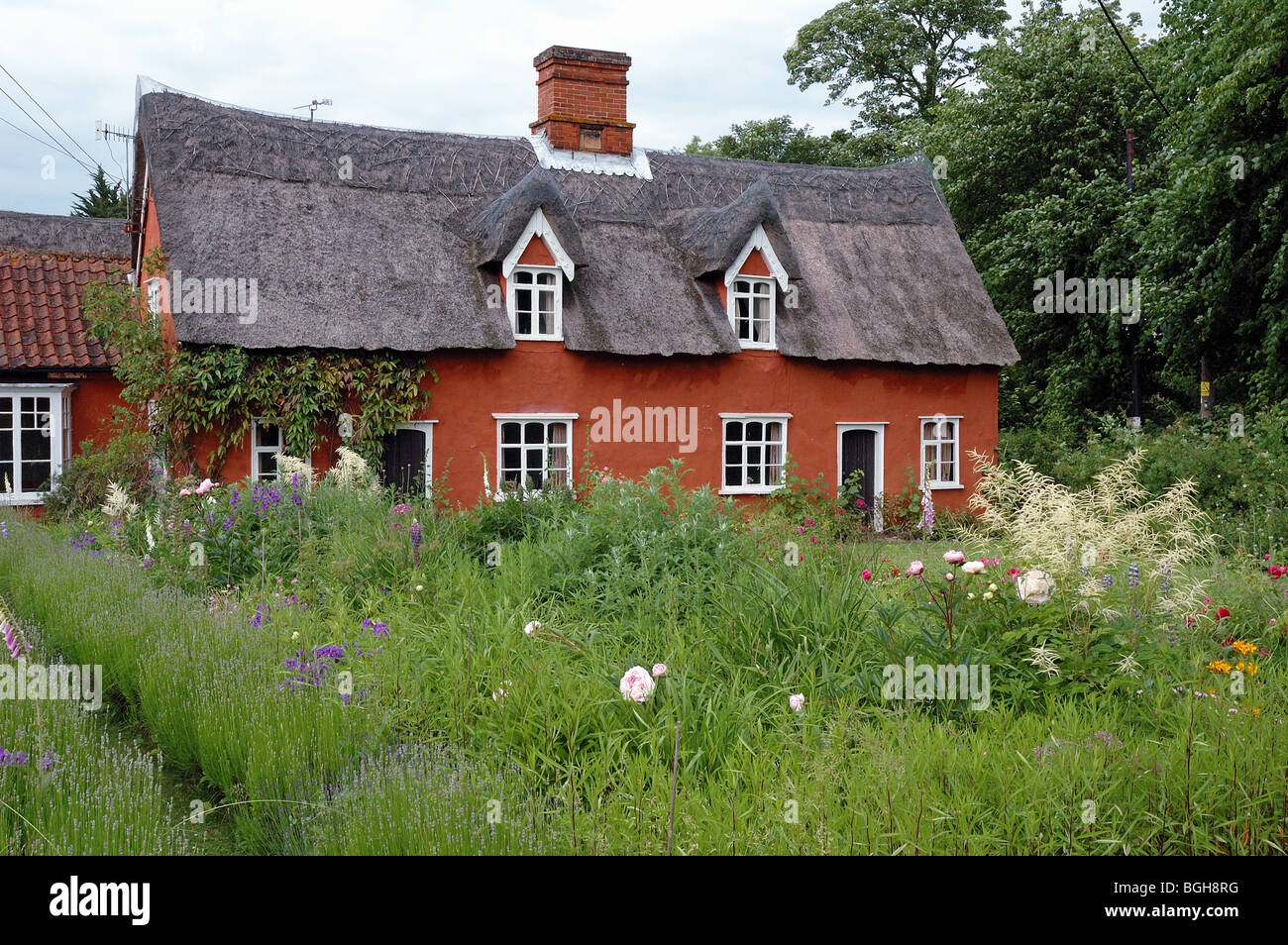 Thatched houses with cottage garden Ufford Suffolk England UK Stock ...