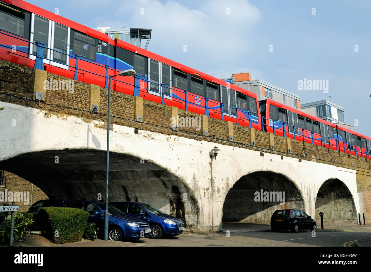 DLR Docklands Light Railway train travelling over arches Limehouse ...