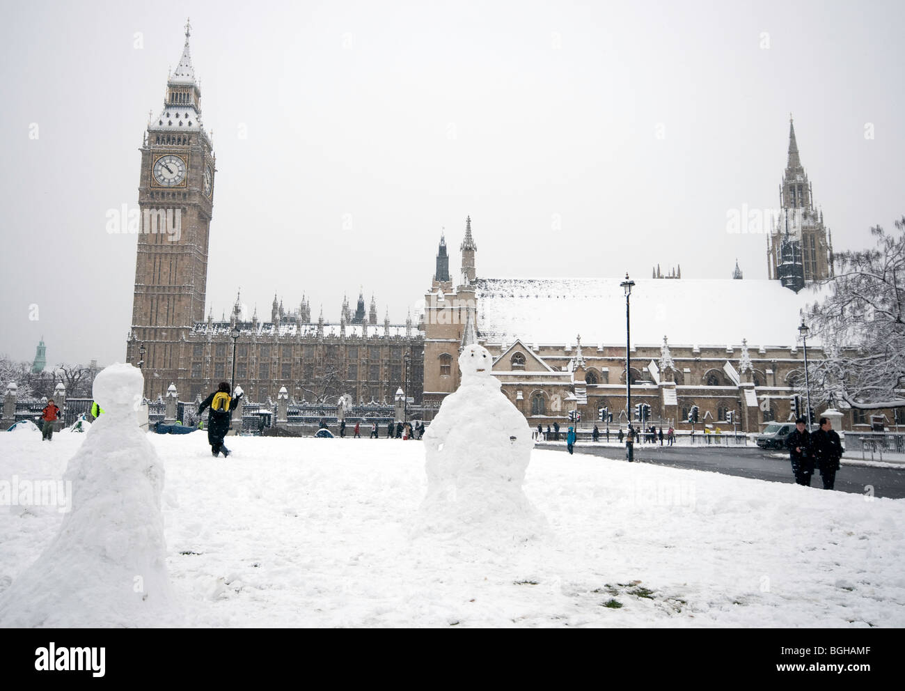 Snow men on Parliament Square in Central London with the Houses of ...