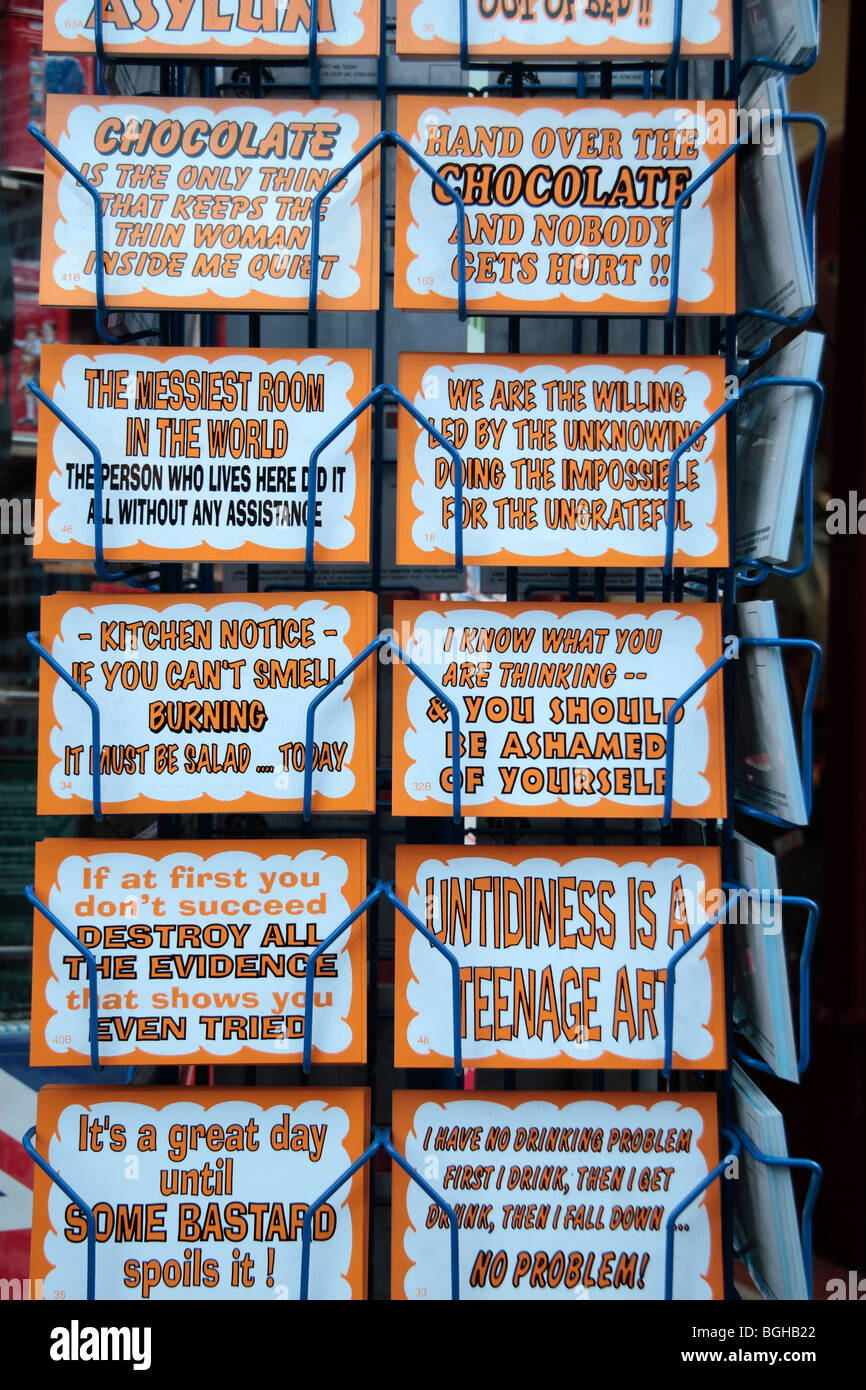 A selection of amusing door signs outside a tourist shop, Piccadilly ...