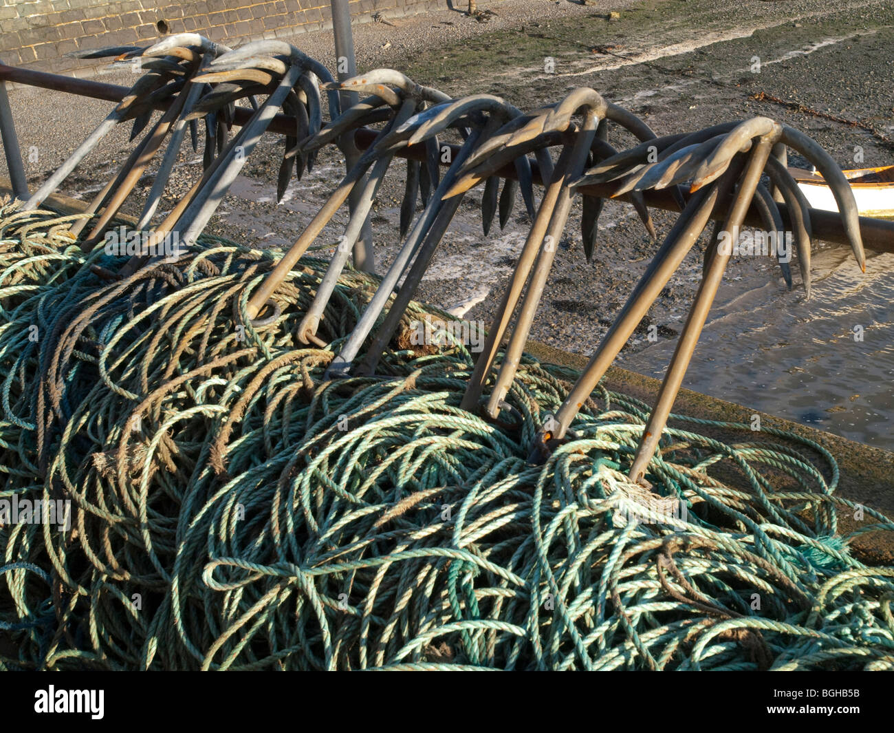 A row of metal anchors in the harbor area of Aberdovey (Aberdyfi ...