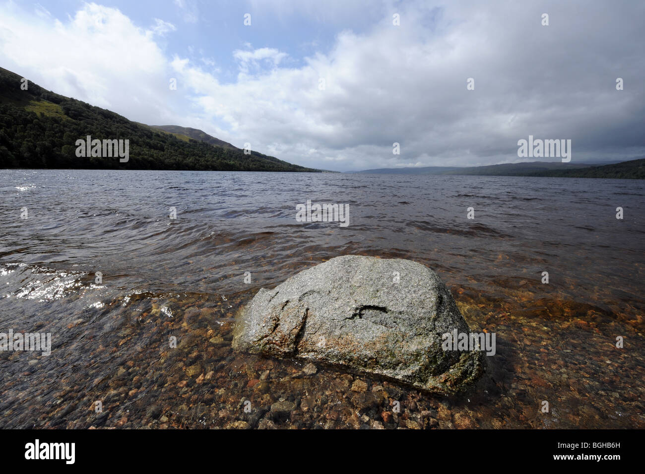 The Banks of Loch Rannoch Perthshire Scotland with rock in foreground ...