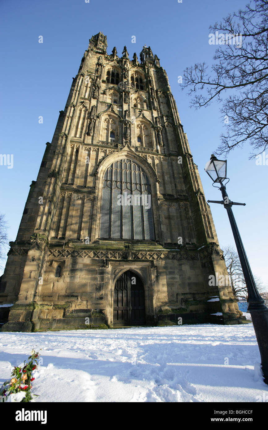 Town of Wrexham, Wales. The 16th century St Giles’ parish church on a ...