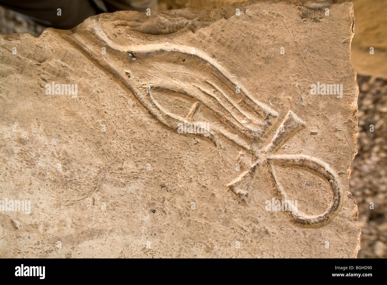 Relief of Hand holding Ankh in Amarna style on a block in the open air ...