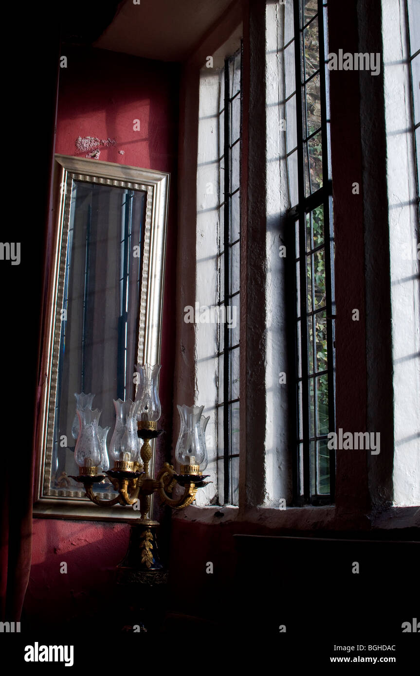 12th-century stone mullion windows of listed grade 1 Churston Court Inn ...