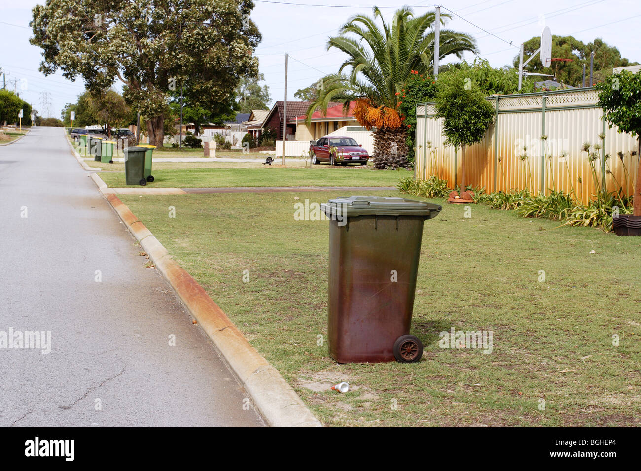 Rubbish bins along the street in Ferndale, Western Australia. Ferndale ...