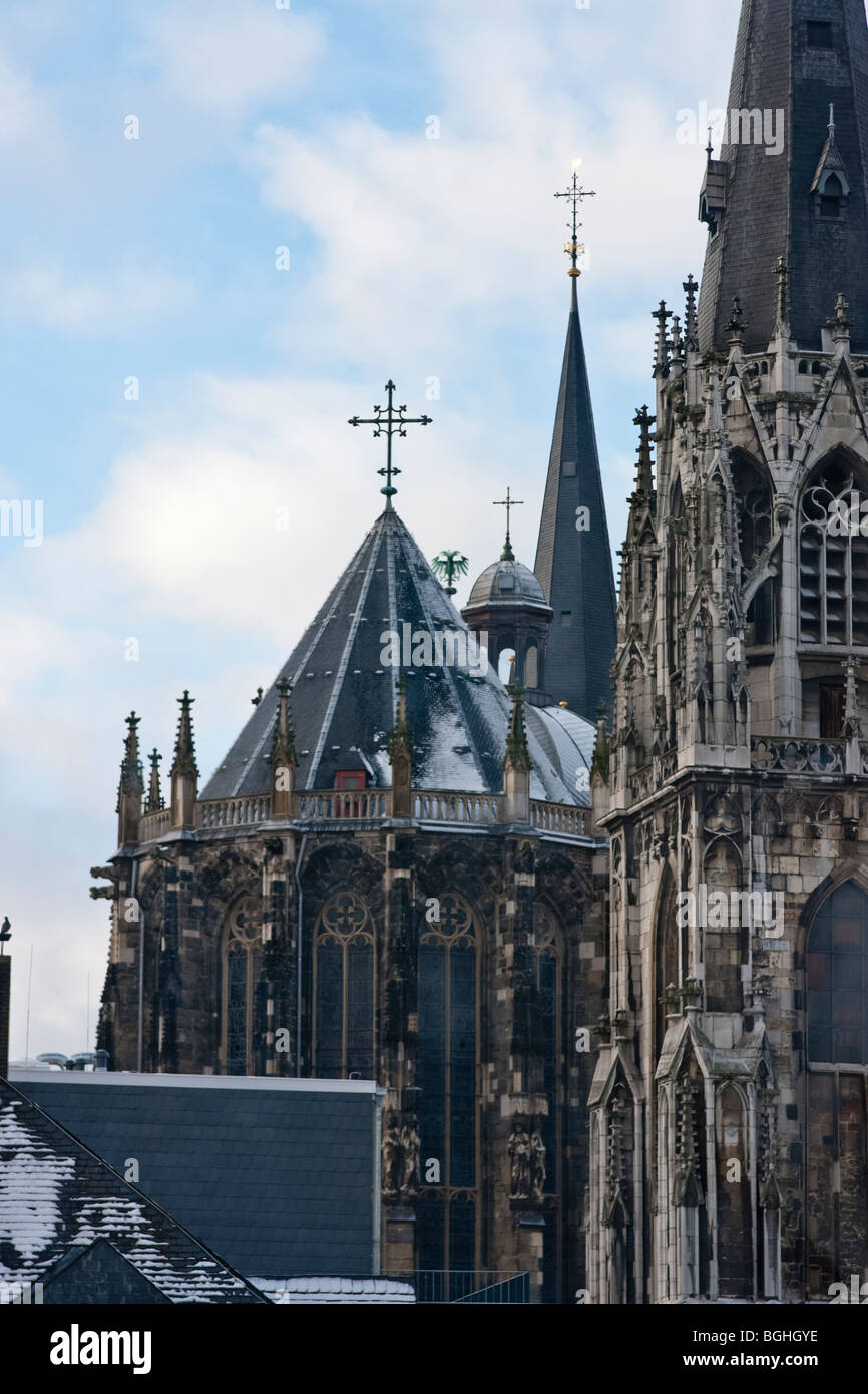 winter cityscape with historic religious building in Aachen Germany ...