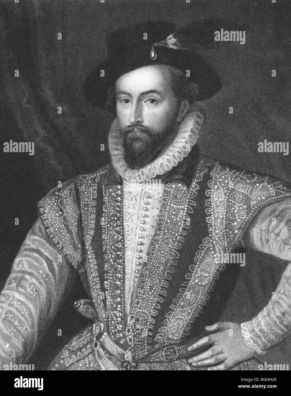 Walter Raleigh on engraving from the 1850s. English aristocrat, writer ...
