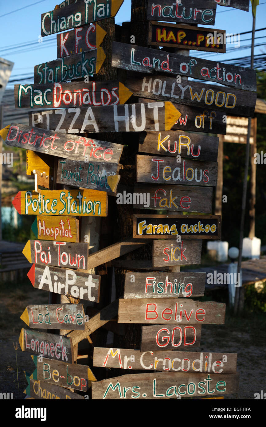 Colourful signpost in Pai, northern Thailand Stock Photo - Alamy