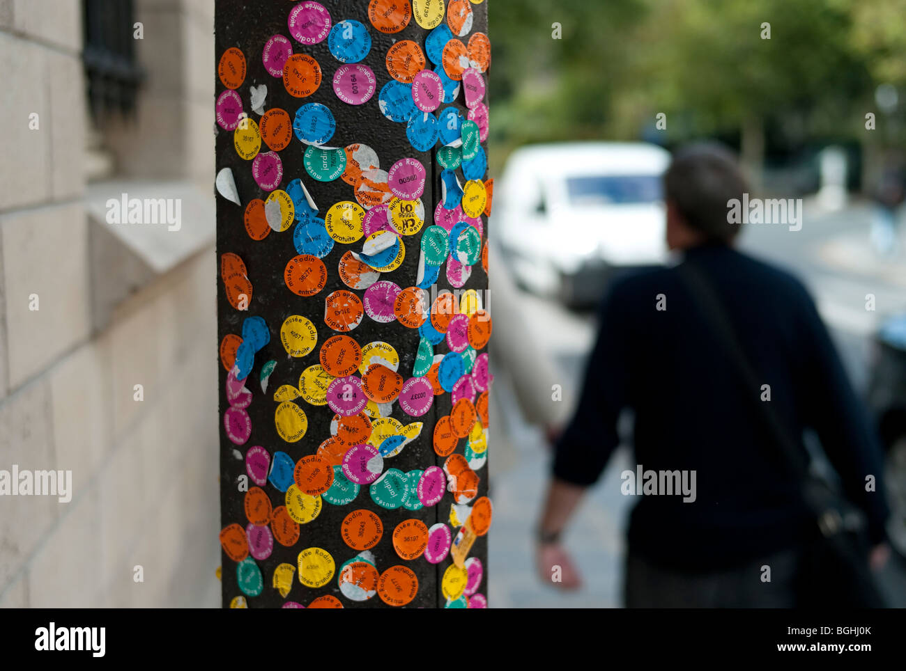 Admission Stickers on a lamp post outside the Rodin Museum (Musee Rodin ...