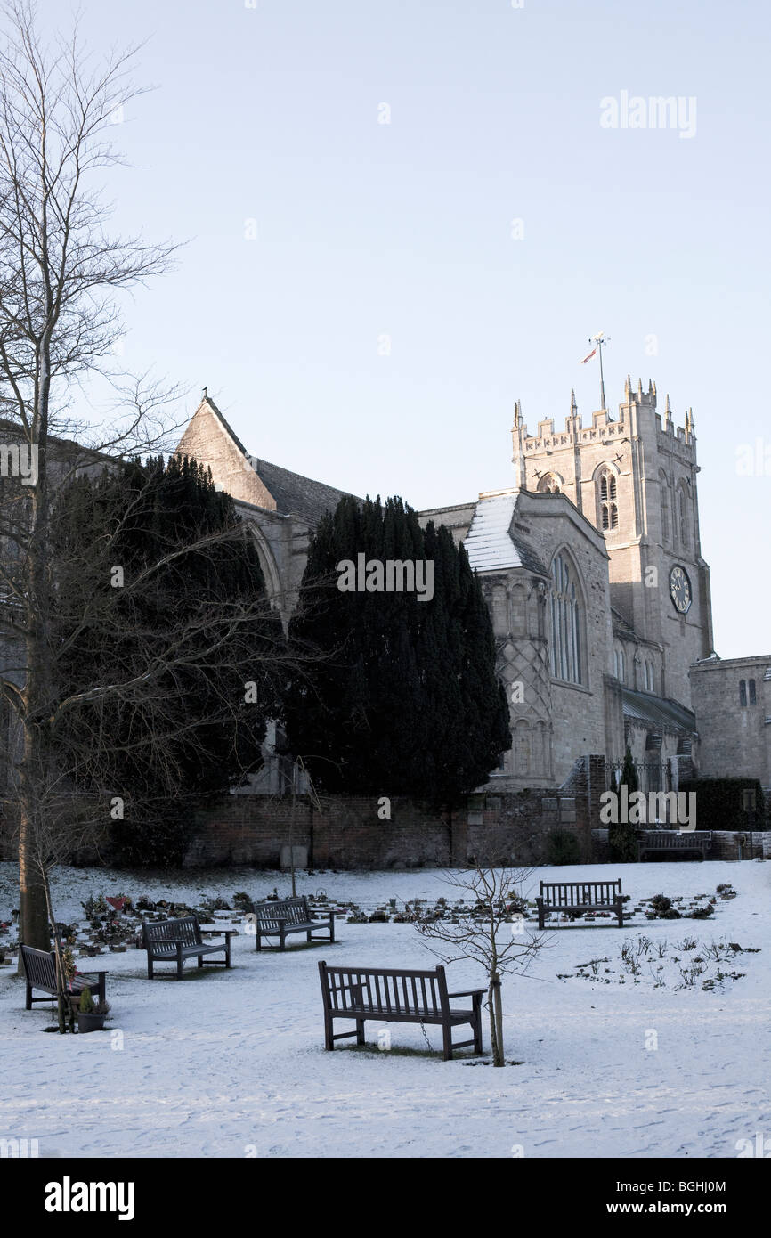 Christchurch Priory in the snow from the gardens Stock Photo - Alamy
