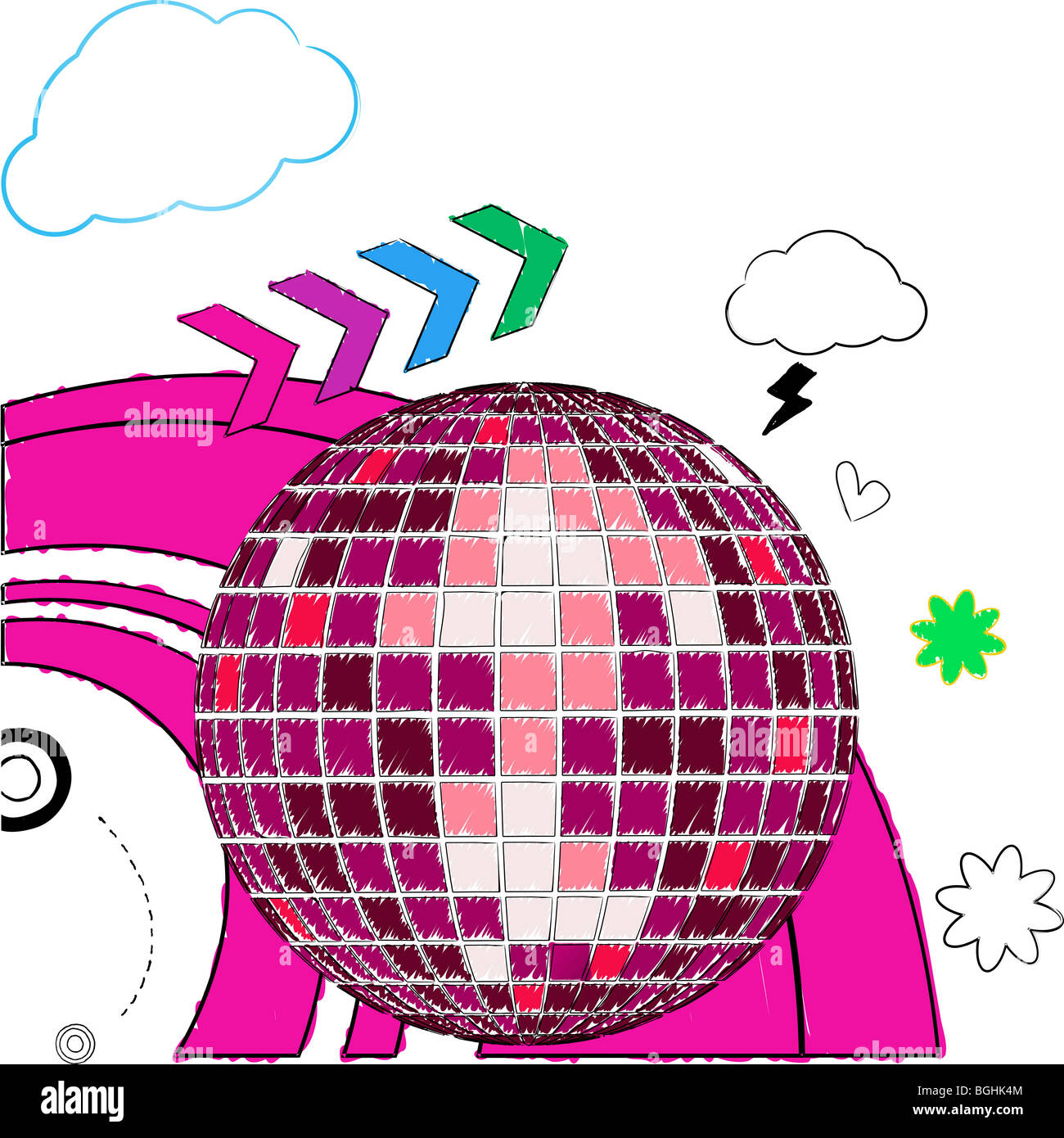 sketched disco ball with doodle arrows and clouds Stock Photo - Alamy