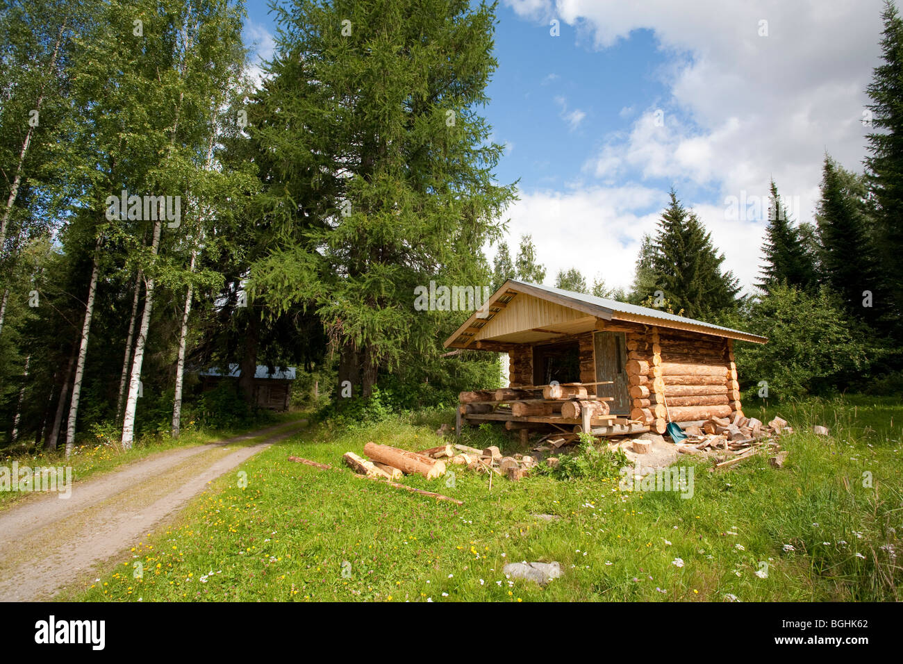 Small log cabin under construction at countryside , Finland Stock Photo ...