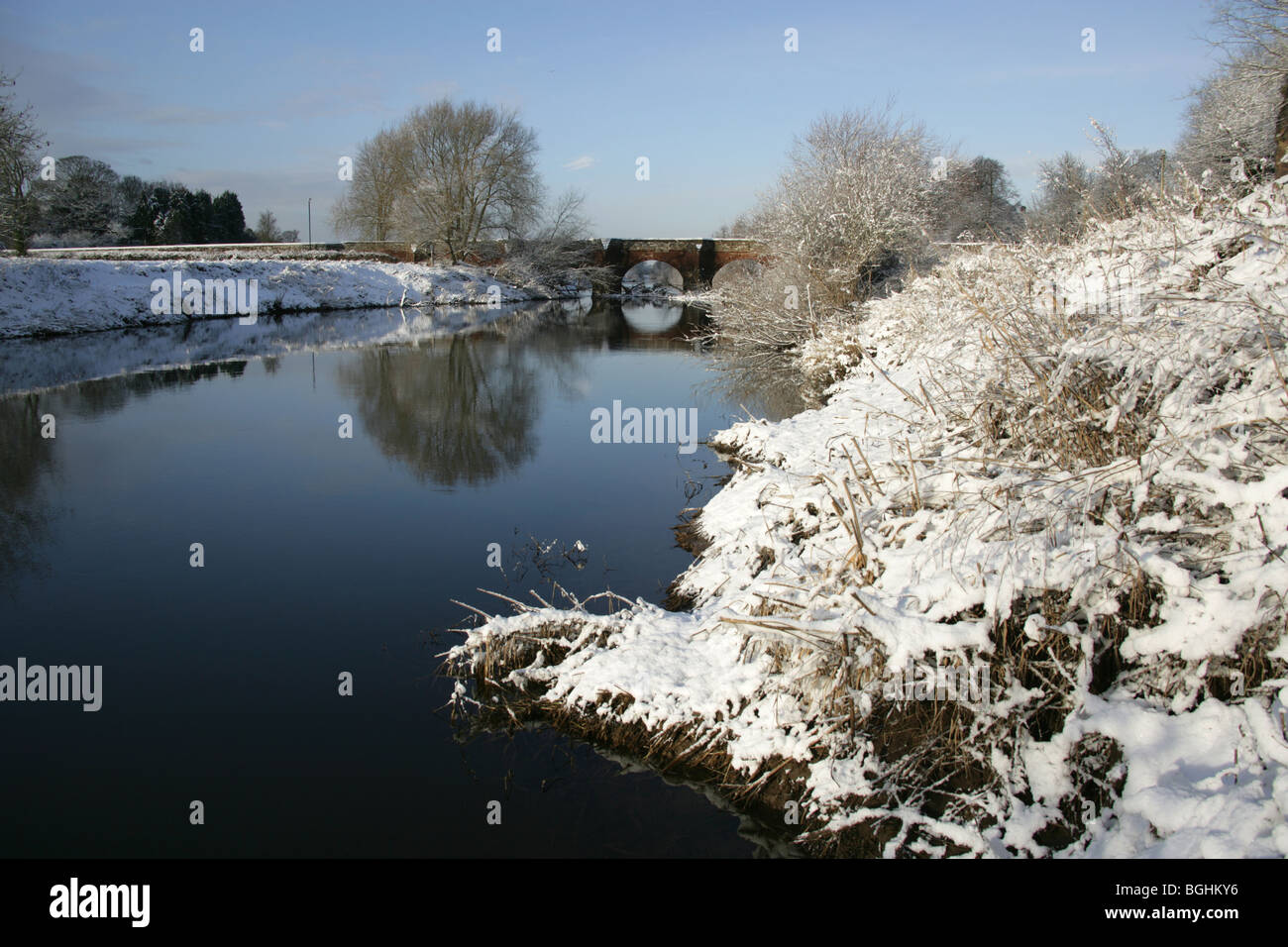 Village of Holt, Wales. Picturesque view of the River Dee on a cold ...