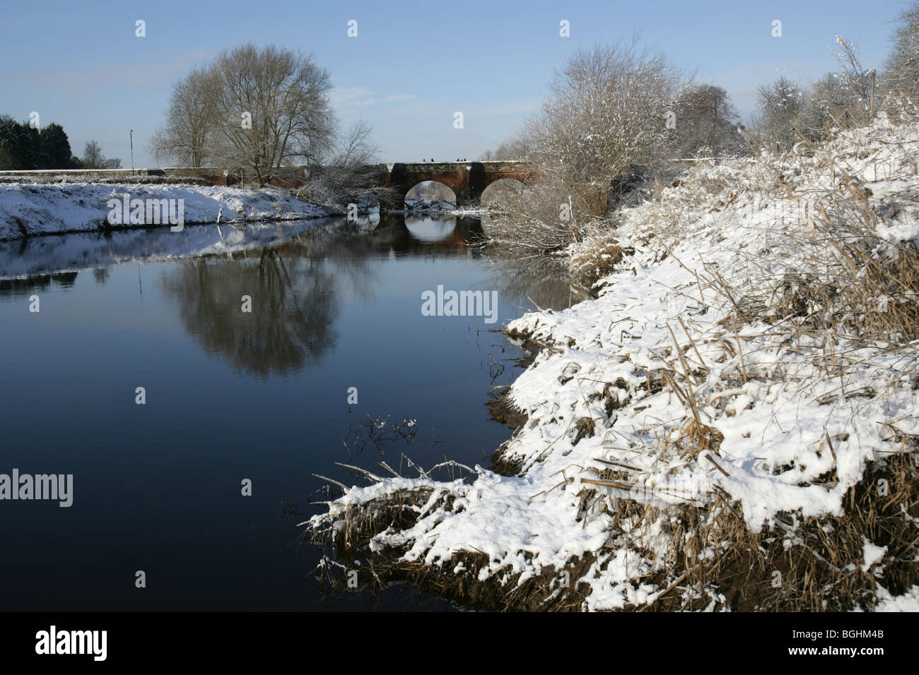Village of Holt, Wales. Picturesque view of the River Dee on a cold ...