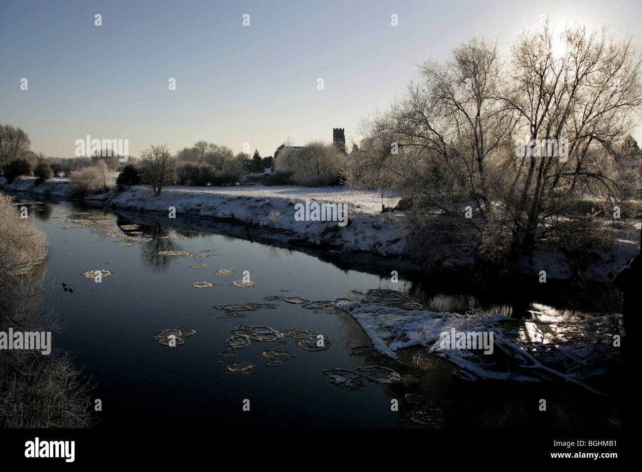 Village of Holt, Wales. Silhouetted view of the River Dee viewed from ...