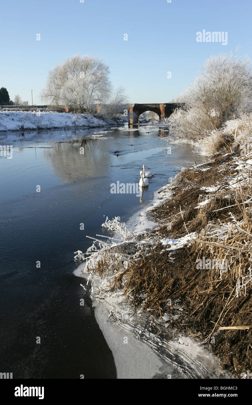 Village of Holt, Wales. Picturesque view of the River Dee on a cold ...