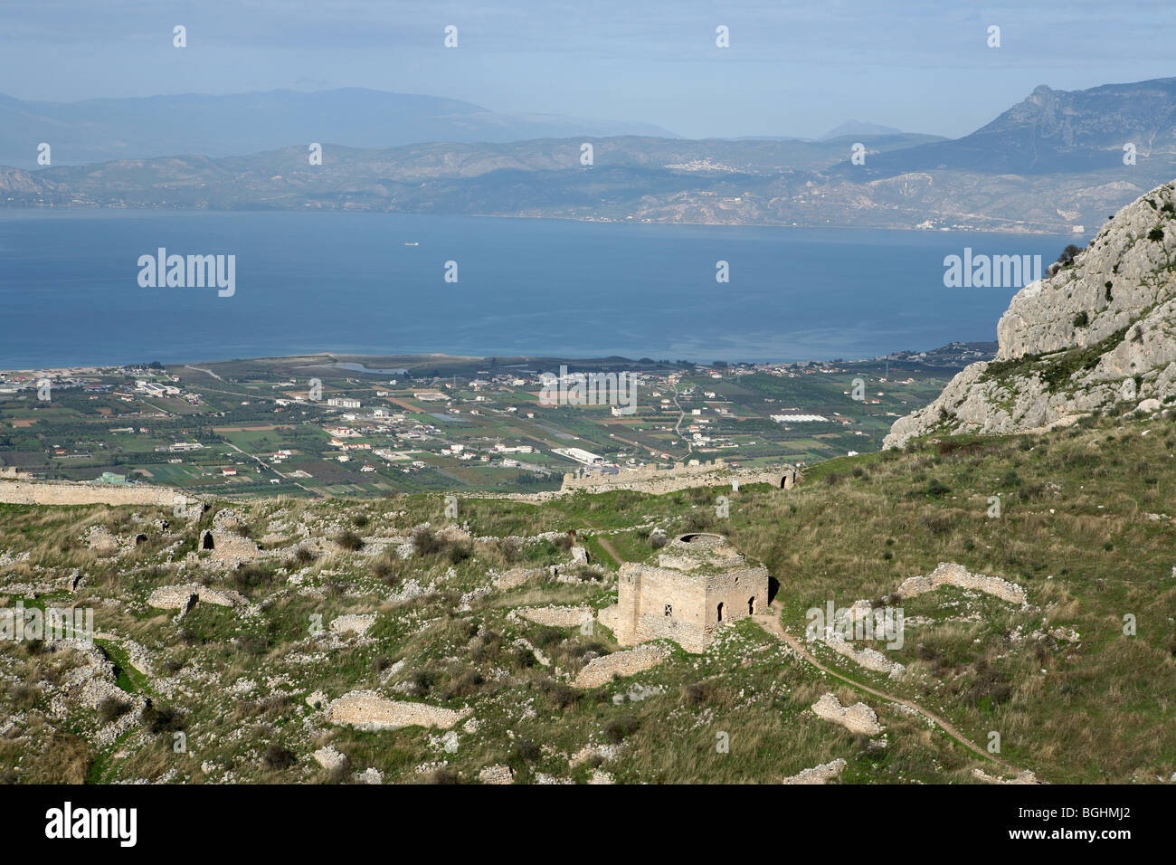 View from Acrocorinth near Ancient Corinth Greece Stock Photo - Alamy