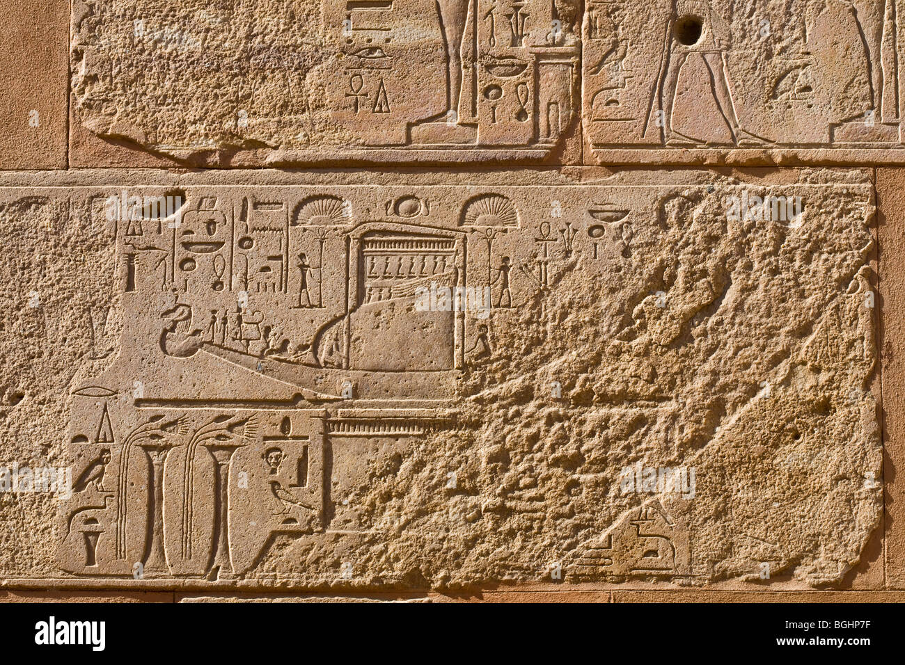 Carved relief of royal barque and fan bearers in the Red Chapel of ...