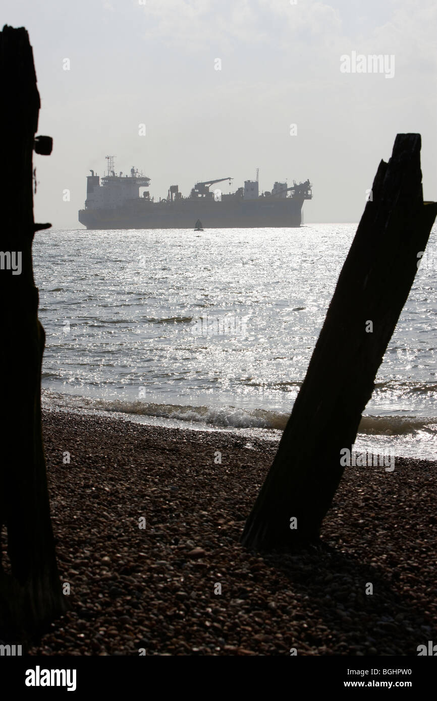 Cargo Container Ship Stumps of old piers Stock Photo - Alamy