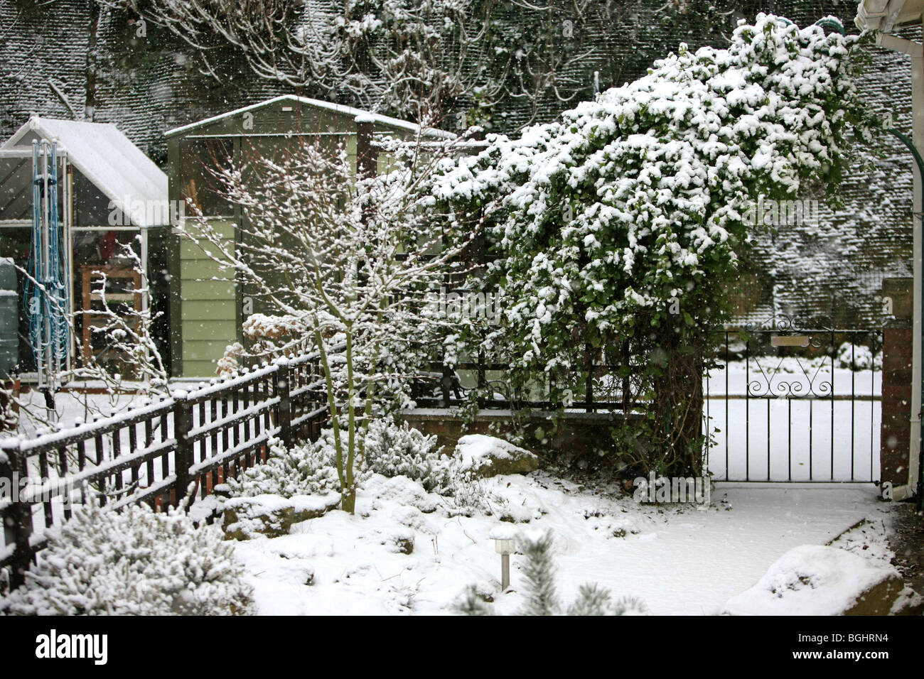 Snow covered Garden Scene in Winter Stock Photo - Alamy