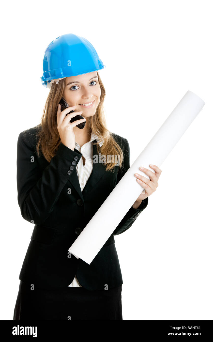 Beautiful and young female architect using a blue helmet Stock Photo ...