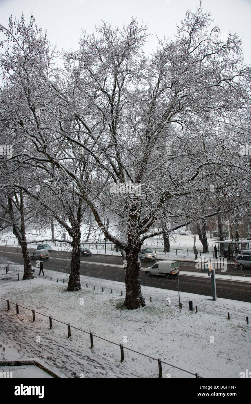 Snow falling on Clapham Common Southside Rd - some traffic Stock Photo ...