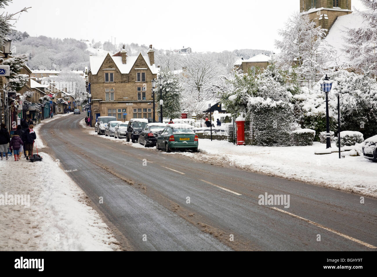 Ramsbottom village high street on a snowy winters day, lancashire ...