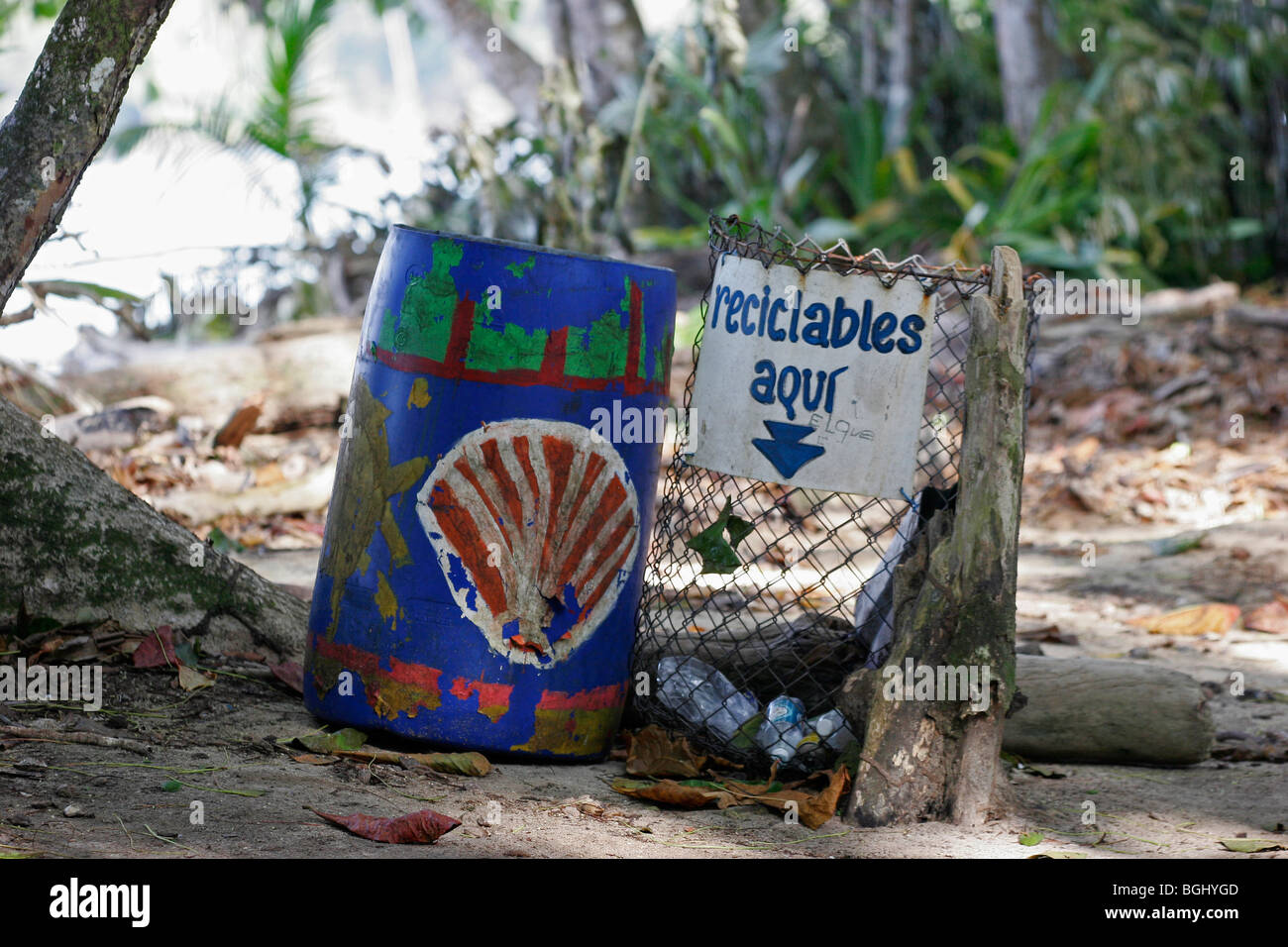 Painted recycling bins on trail in Costa Rica Stock Photo - Alamy