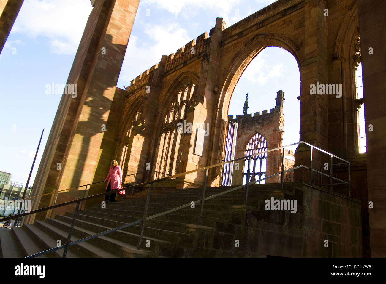View of Coventry Cathedral ruins, taken from the steps leading to the ...