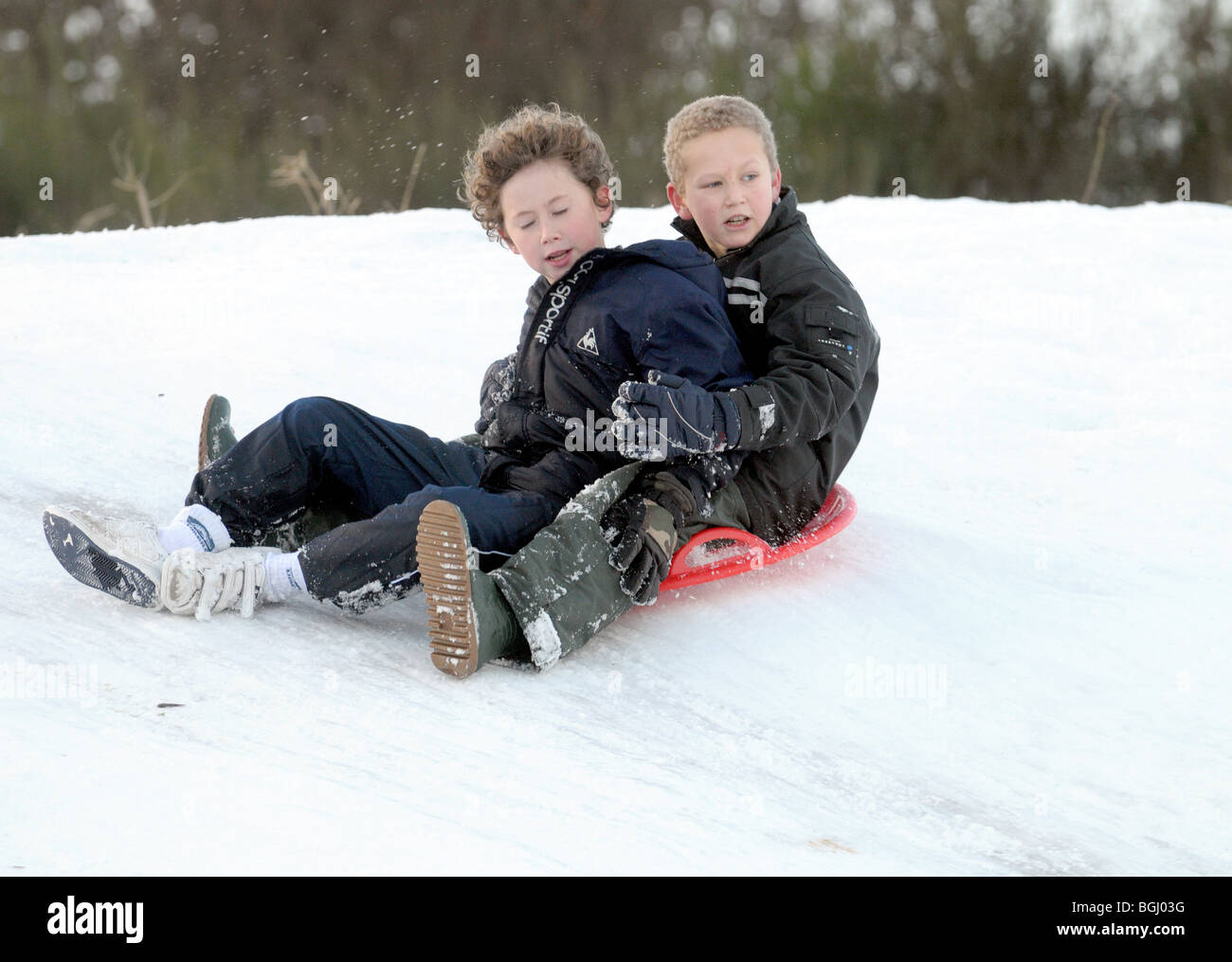 Young boys and girls sledging in Scotland Stock Photo - Alamy