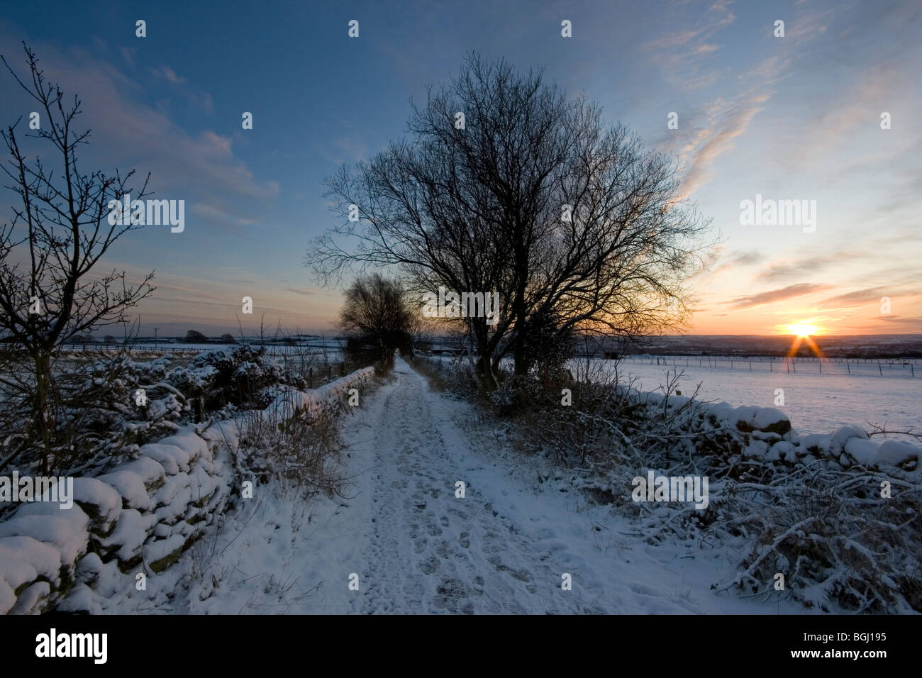 A winter sunset on the moors above Guiseley, near Leeds in West ...