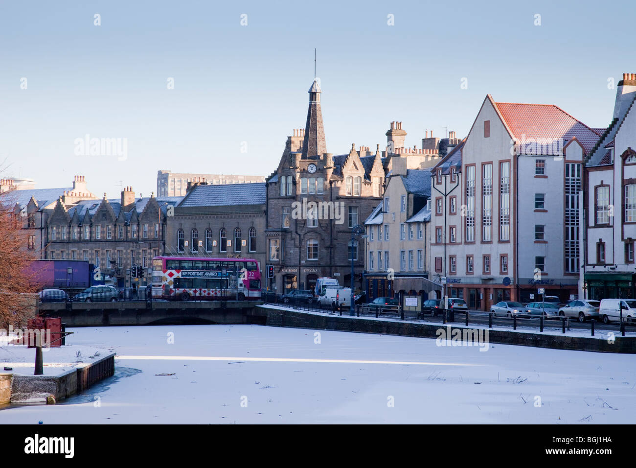The Water of Leith frozen over at The Shore, Edinburgh, Scotland Stock ...