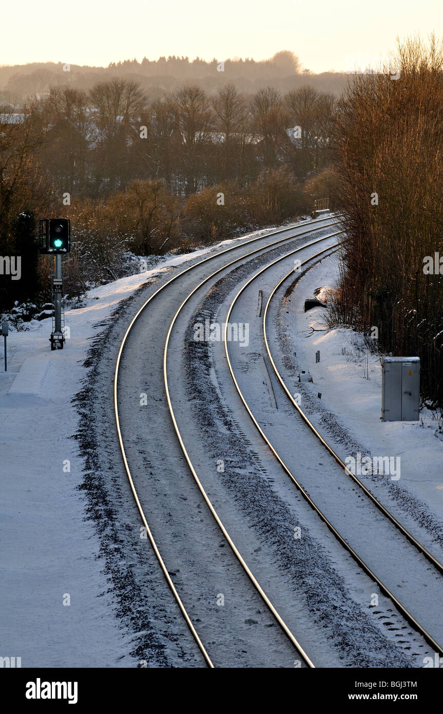 Railway lines in winter with snow, Warwickshire, UK Stock Photo - Alamy