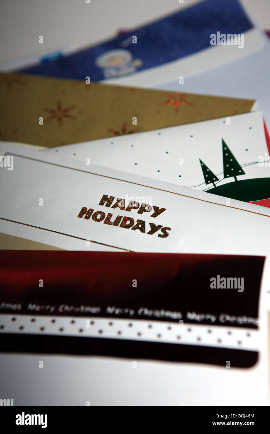 Christmas cards in envelopes ready for posting. They have Christmas ...
