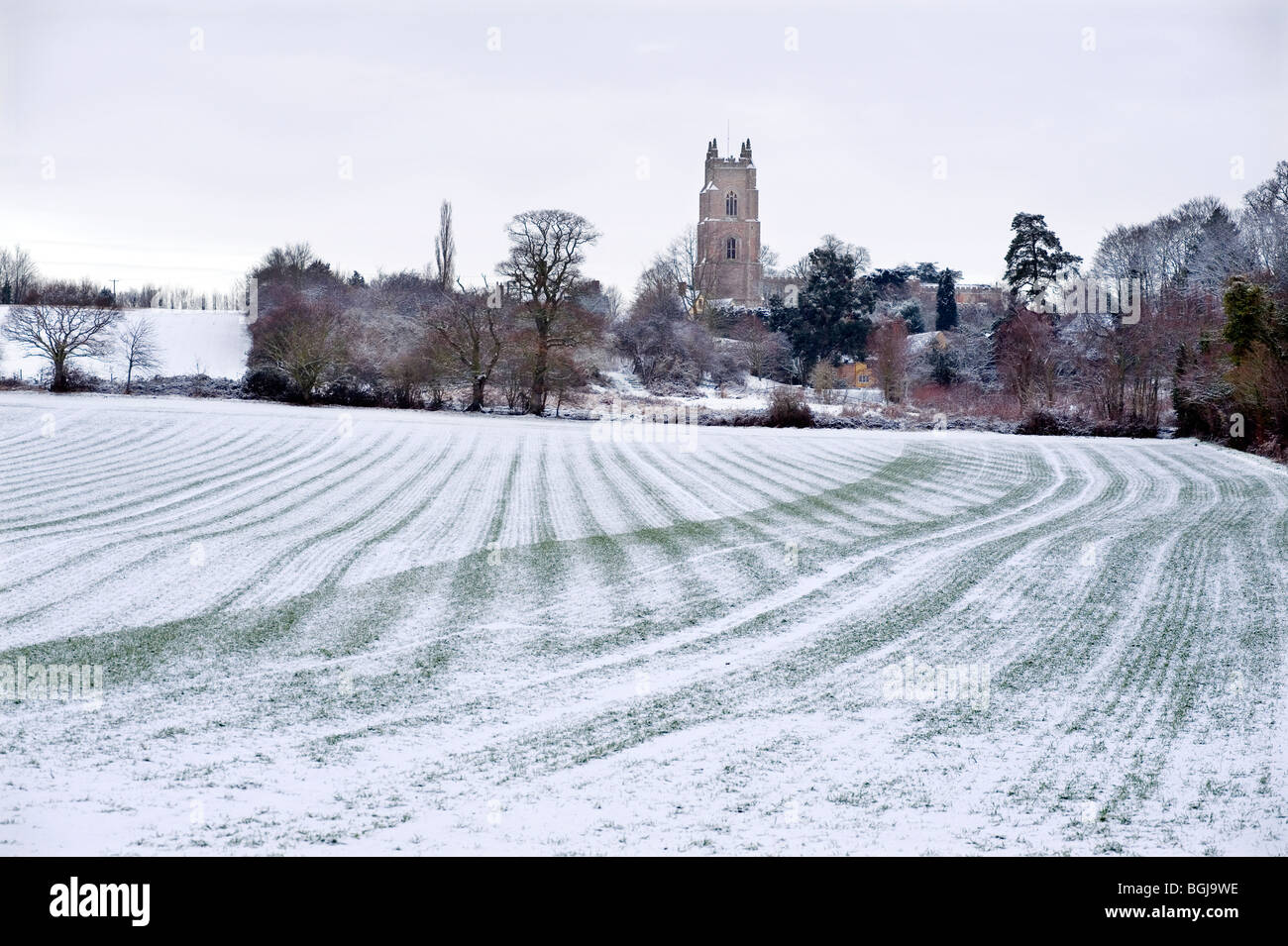 St Marys Church in the snow, Stoke by Nayland, Suffolk, Britain. The ...